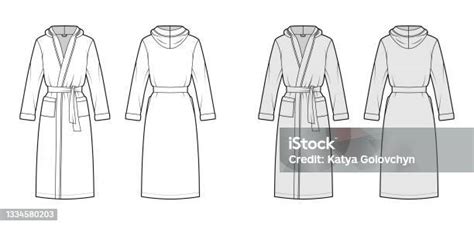 바스로브 후드 드레싱 가운 기술 패션 일러스트와 랩 오프닝 무릎 길이 넥타이 포켓 팔꿈치 소매 0명에 대한 스톡 벡터 아트 및 기타 이미지 Istock