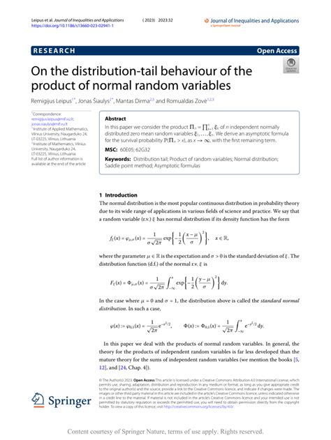 Pdf On The Distribution Tail Behaviour Of The Product Of Normal