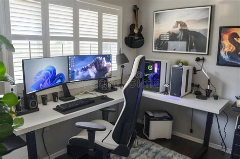 Modern Workspace Featuring Dual Monitors Ergonomic Chair Plants Stock