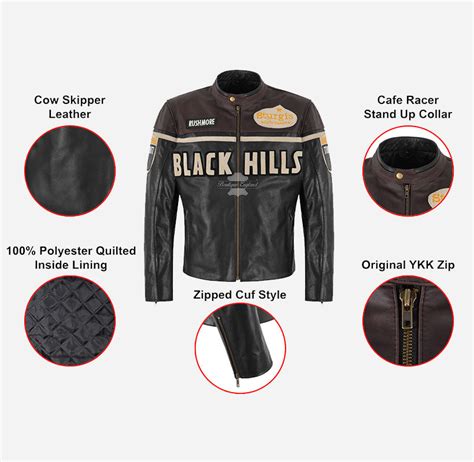 Black Hills Mens Leather Biker Jacket Motorcycle Badges Leather Jacket
