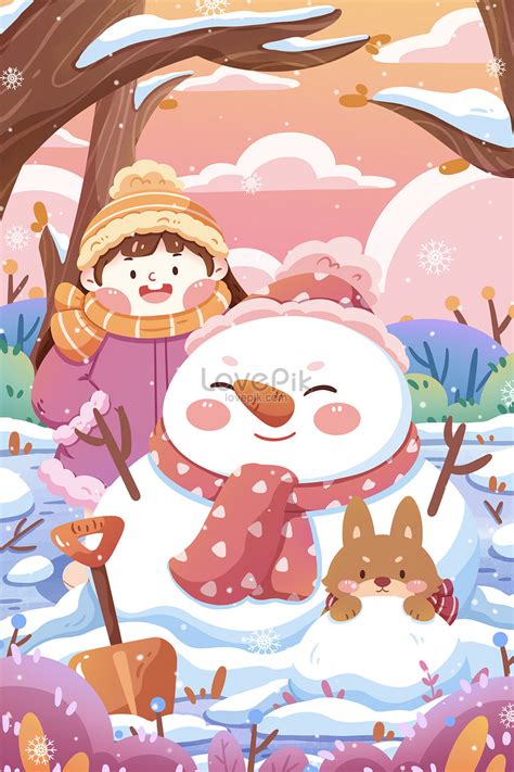 야외에서 눈사람 그림을 만드는 작은 차가운 태양 용어 소녀 일러스트 무료 다운로드 Lovepik