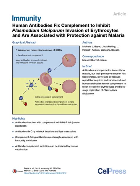 Human Antibodies Fix Complement To Inhibit Plasmodium Falciparum In