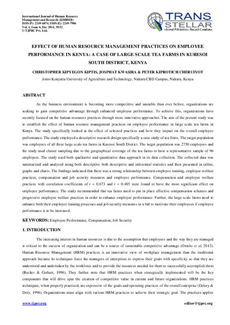 Pdf Effect Of Human Resource Management Practices On Employee Performance In Kenya A Case Of