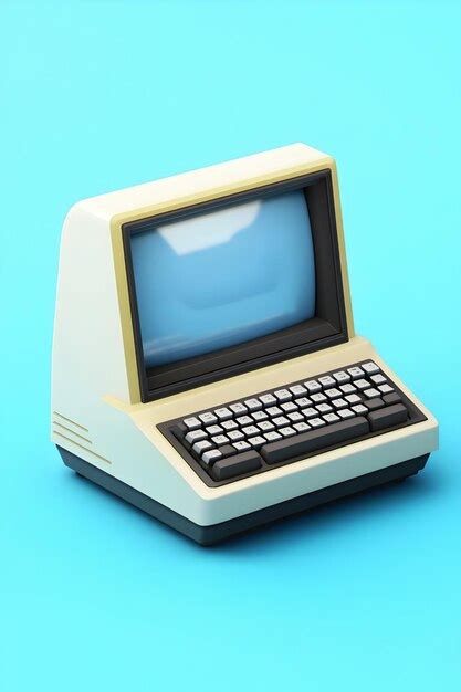 Retrostyle 3d Rendered Computer With Large Screen And Keyboard On Blue Background Premium Ai