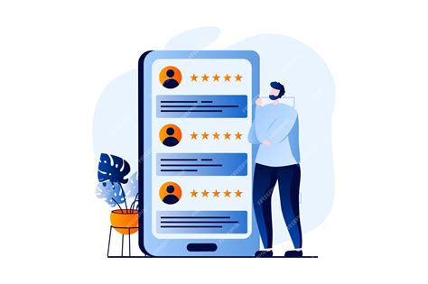 플랫 만화 디자인의 사람들이 장면에 대한 피드백 페이지 개념 남자는 다른 고객의 별과 함께 의견을 읽고 선택합니다 고객 만족