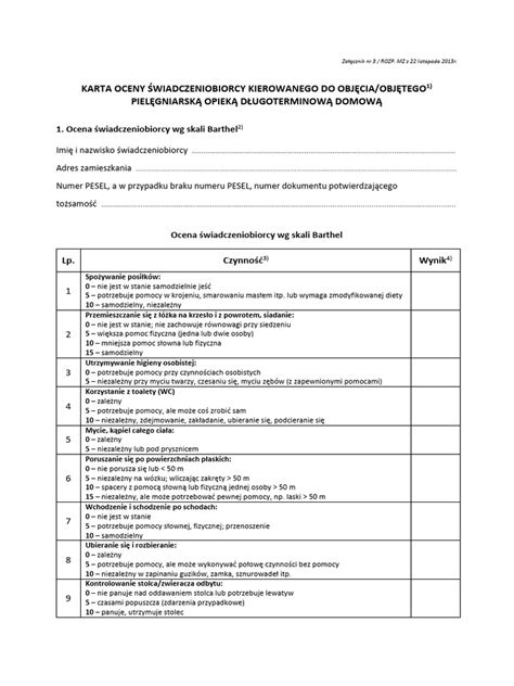 Karta Oceny Świadczeniobiorcy Skala Barthel Od 01 01 2020 Pdf