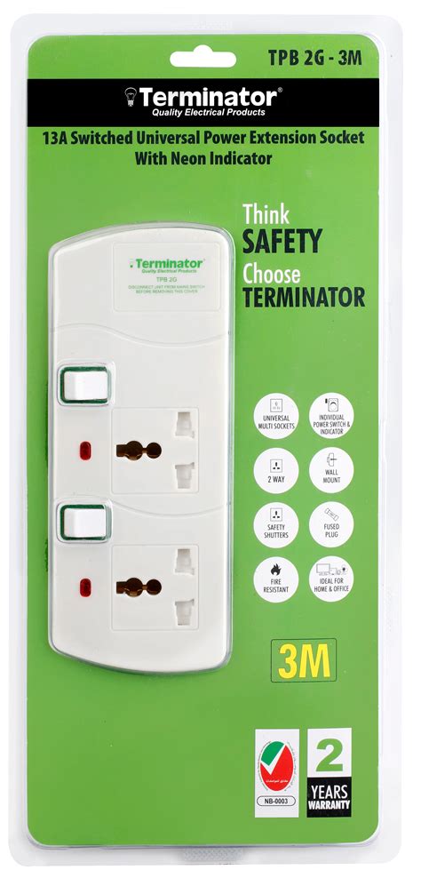 Terminator 2 Way Universal Power Extension Socket 13a 3m