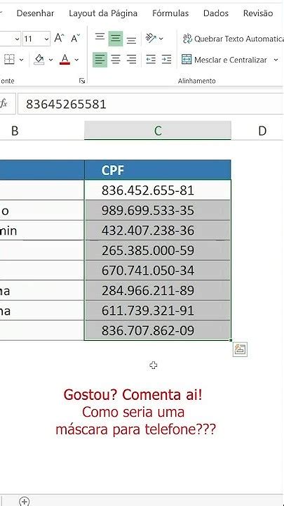 Como Criar Uma Máscara De Cpf No Excel Excel Shorts