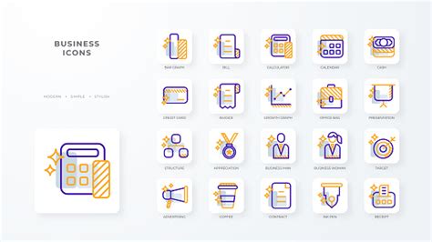 보라색 주황색 개요 스타일이 있는 비즈니스 아이콘 컬렉션입니다 아이콘 사무실 및 비즈니스 비즈니스 마케팅 관리 사회 충성도 서비스 유지 및 더 많은 기호 벡터 그림 개념에