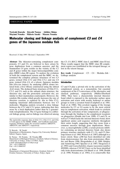 Pdf Molecular Cloning And Linkage Analysis Of Complement C3 And C4 Genes Of The Japanese