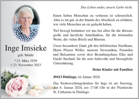 Traueranzeigen Von Inge Imsieke Om Trauer De