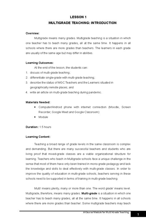 Multi Grade Teaching A Course Module For Multi Grade Teaching Lesson
