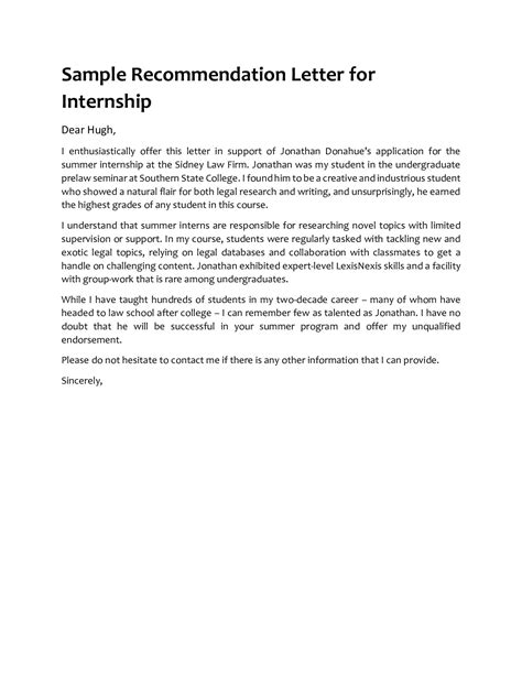 50 Free Printable Recommendation Letter For Internship Templates Pdf