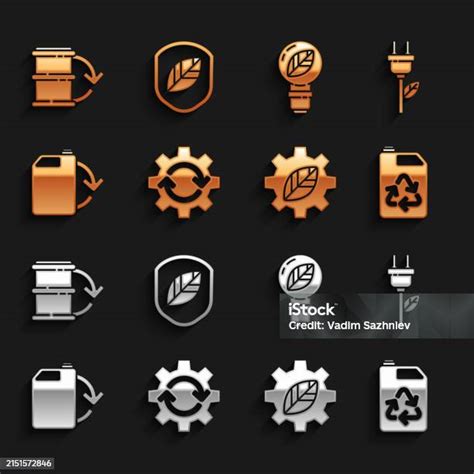 기어와 화살표를 워크 플로로 설정 전기 절약 플러그 리프 에코 연료 용기 리프 식물 기어 기계 전구 배럴 및 방패 아이콘 벡터