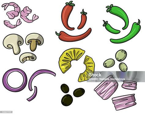 만화 스타일의 피자를위한 다양한 토핑 세트 피자 이미지를위한 다른 토핑 0명에 대한 스톡 벡터 아트 및 기타 이미지 0명