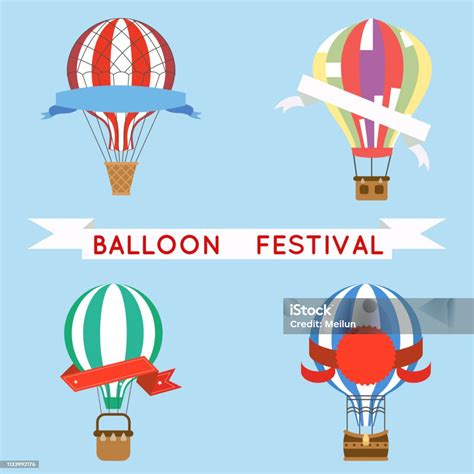 만화 Aerostat 공기 풍선 축제 하늘 비행 여행 바구니 복고풍 비행선 아이콘 세트 디자인 벡터 일러스트 레이 션 개념에