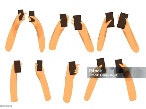 인간의 손 남자와 여자 손바닥 밝은 질감과 검은 화면 벡터 평면 컬렉션검은 전화를 들고 흰색에 고립 된 전화 위치와 다른 남성과 여성 손바닥세트 0명에 대한 스톡 벡터 아트