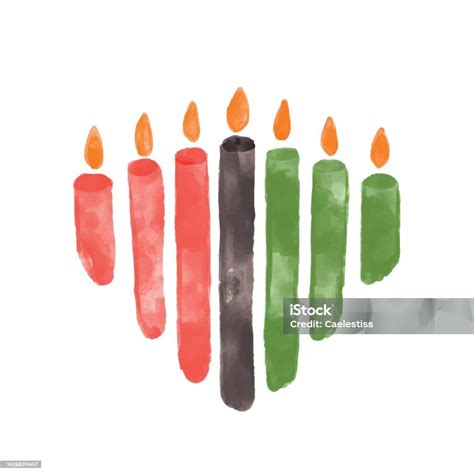 Kwanzaa 축제 축하를위한 일곱 촛불 Mishumaa 예술적 수채화 질감 벡터 녹색 빨간색 검은 색 불타는 양초 아프리카 계 미국인 민족 유산 축하 행사 Kwanzaa에