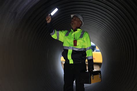 반사 녹색 안전 조끼를 가진 수석 엔지니어는 도구 상자 검사를 거대한 튜브 인프라 건설을 유지합니다 터널 또는 대형 배수관 강철에 대한 스톡 사진 및 기타 이미지 Istock