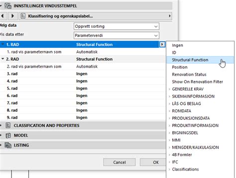 include specific classifications and properties in graphisoft