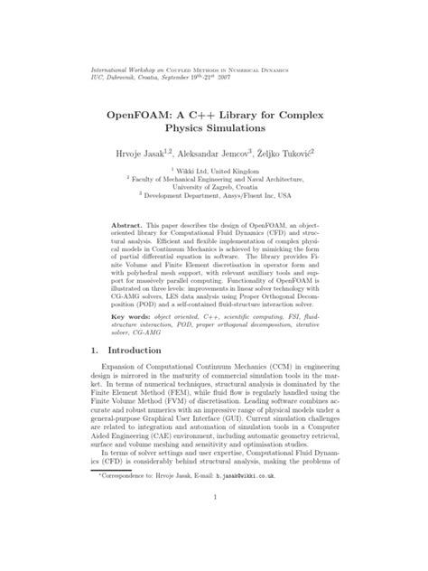 Openfoam A C Library For Complex Physics Simulations Pdf Computational Fluid Dynamics