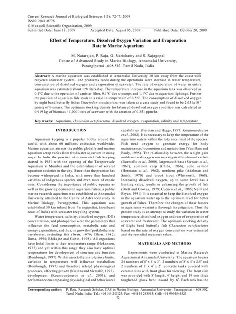 Effect Of Temperature Dissolved Oxygen Variation And Evaporation Pdf