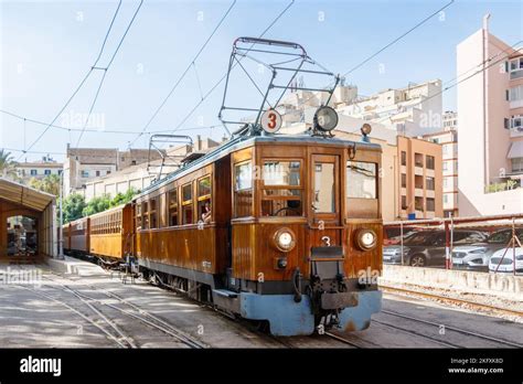 Soller Vintage Train Tren De Soller With Wooden Carriages Leaving