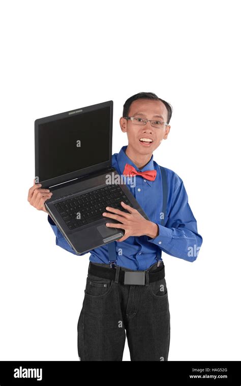 Nerd Man Holding Laptop Isolated Over White Background Stock Photo Alamy