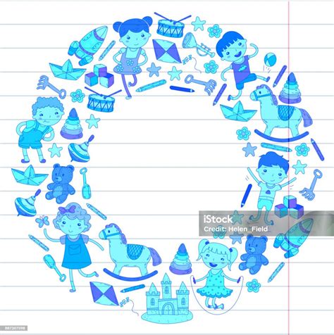 유치원 유치원 보육원 교육 어린이 낙서 패턴 아이 놀이 공부 하는 남자와 여자와 아이 드로잉 아이콘 공간 모험 탐험 상상력 개념 2 3 살에 대한 스톡 벡터 아트 및 기타