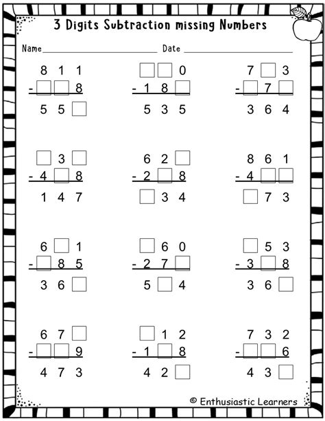 Subtraction Worksheets Missing Digits Subtraction Practice Double