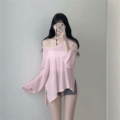 오브제이 은근섹시ღ 여리여리 로세인 여리 브이넥 시스루 밑단 트임 긴팔 티셔츠 6color