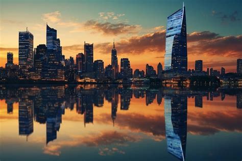 A Skyline View With Reflections On Water Premium Ai Generated Image