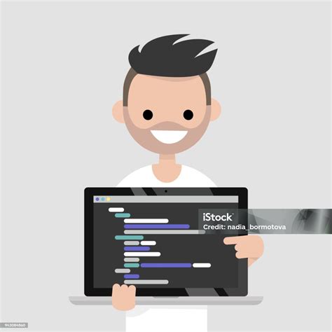 젊은 프로그래머 노트북 화면에 가리키는 프로그래밍 코드입니다 기술 평면 편집 가능한 벡터 일러스트 레이 션 클립 아트 밀레니엄 세대에 대한 스톡 벡터 아트 및 기타 이미지