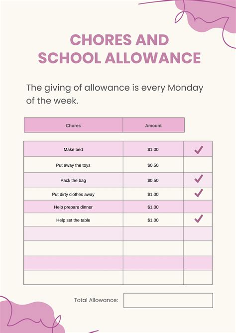 Chore Allowance Chart Chore And Routines Printable