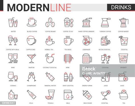 커피 또는 차 컵 및 장비 알코올 칵테일 카페 또는 바 메뉴의 평면 얇은 빨간색 검은 색 라인 아이콘 벡터 일러스트 레이션 세트를 마시세요 개체 그룹에 대한 스톡 벡터 아트
