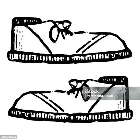 Domfortable 신발 여름 운동화 손으로 그린 벡터 그림 그래픽 낙서 스케치 흰색으로 격리된 검은색 윤곽 그리기 원시 스타일 디자인 인쇄 카드 포스터를위한 단일 사진