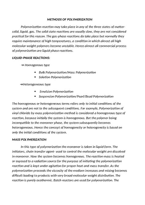 Polymerization Techniques Bulk Solution Suspension And Emulsion Studocu