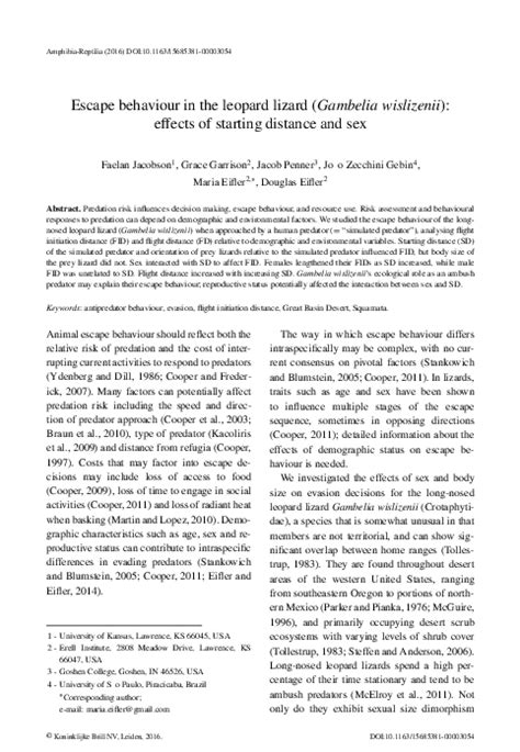 Pdf Escape Behaviour In The Leopard Lizard Gambelia Wislizenii Effects Of Starting Distance