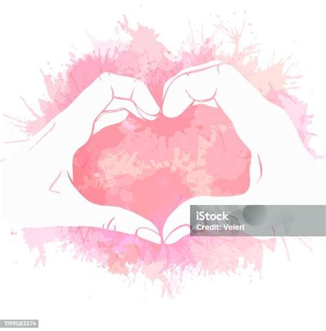 커플을 사랑합니다 하트 모양과 분홍색 스플래시와 스프레이 두 손의 수채화 그림 한 쌍의 사람들 발렌타인 데이 인사말 카드입니다