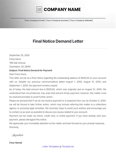 Final Demand For Payment Letter Template Prntbl