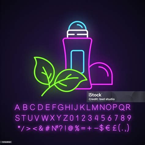 천연 롤온 데오도란트 네온 라이트 아이콘 저자극성 발한 억제제 위생 알루미늄 프리 유기 화장품 알파벳 숫자 및 기호와 빛나는 기호 벡터 절연 그림 0명에 대한 스톡 벡터