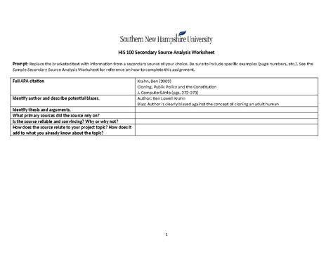 His 100 Secondary Source Analysis Worksheet His 100 Secondary Source
