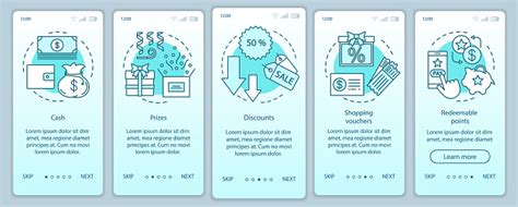 선형 개념으로 모바일 앱 페이지 화면에 온보딩 추천 보상 연습 단계 그래픽 지침입니다 현금 상품 할인 Ux Ui 그림이 있는 Gui 벡터 템플릿 5에 대한 스톡 벡터 아트