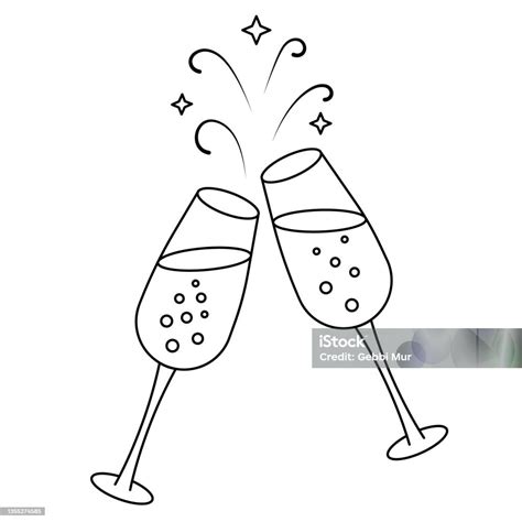 토스트 샴페인 잔이 서로 끼어들어 있습니다 스케치 크리스탈 유리 깜박입니다 벡터 그림입니다 스파클링 와인이 있는 용기 마법의 거품 격리된 흰색 배경의 윤곽선입니다 샴페인