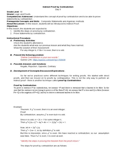 Lesson Plan G10 Day 3 Indirect Proof By Contradiction Pdf Mathematical Proof Logical