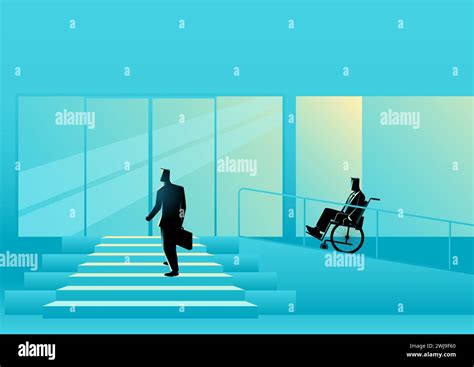 Businessman In Wheelchair Enters Office Via Special Ramps Office