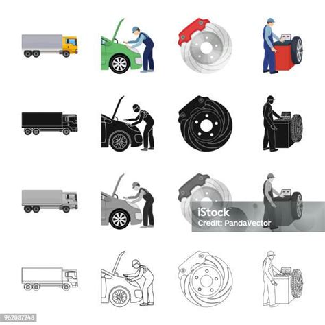 다른 장비 펌프 리프트 자동차 디자인에 대 한 설정 컬렉션 아이콘 만화 자동차 정비 역 벡터 기호 재고 일러스트 레이 션 웹입니다 기계공에 대한 스톡 벡터 아트 및 기타
