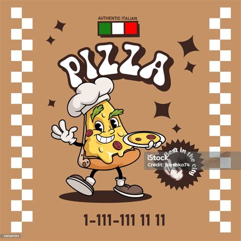 피자 배달 포스터 디자인 템플릿입니다 트렌디한 복고풍 그루비 마스코트 피자 캐릭터 레스토랑 전단지 및 브로셔에 가장 적합합니다 벡터 일러스트 레이 션 카페에 대한 스톡 벡터