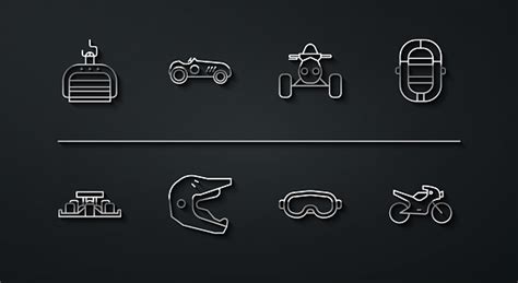 세트 라인 스키 리프트 포뮬러 1 경주 용 자동차 래프팅 보트 고글 모토 크로스 오토바이 헬멧 빈티지 스포츠 오토바이 및 Atv 아이콘 벡터 벡터에 대한 스톡 벡터 아트 및