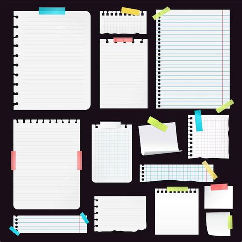 Реалистичные чистые листы бумаги разного размера и формы заклеенные красочной лентой на сером